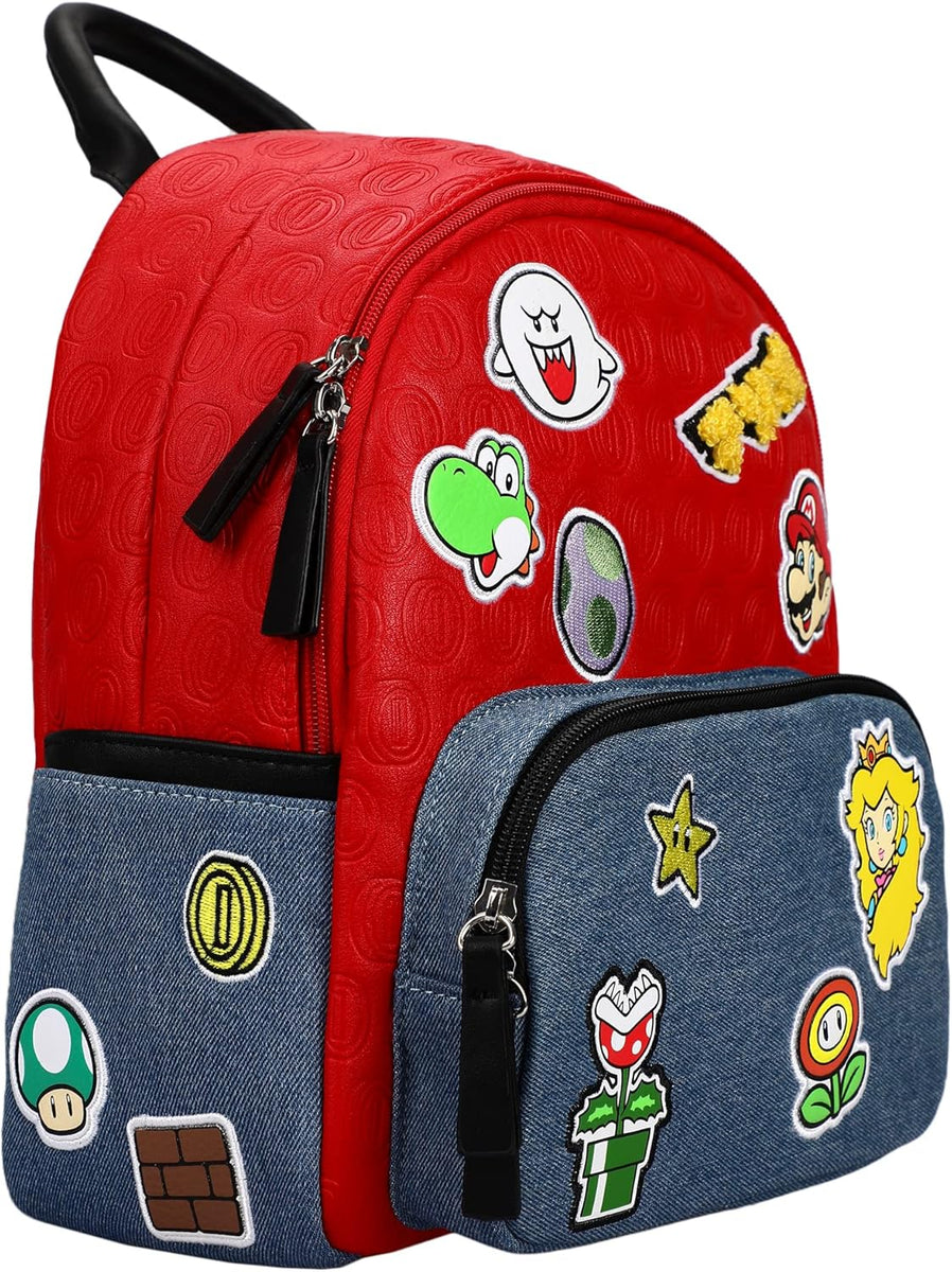 Super Mario Character Icon Patches Denim Accent Red Mini-Backpack - Ni ...